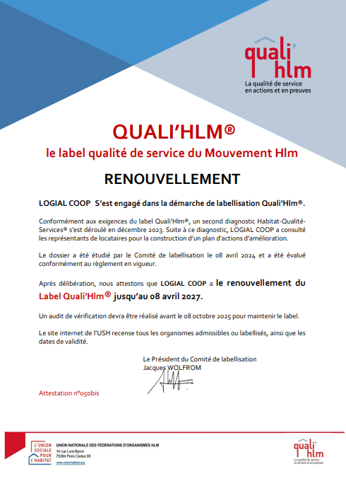 Renouvellement du label Quali'HLM - Logial-COOP
